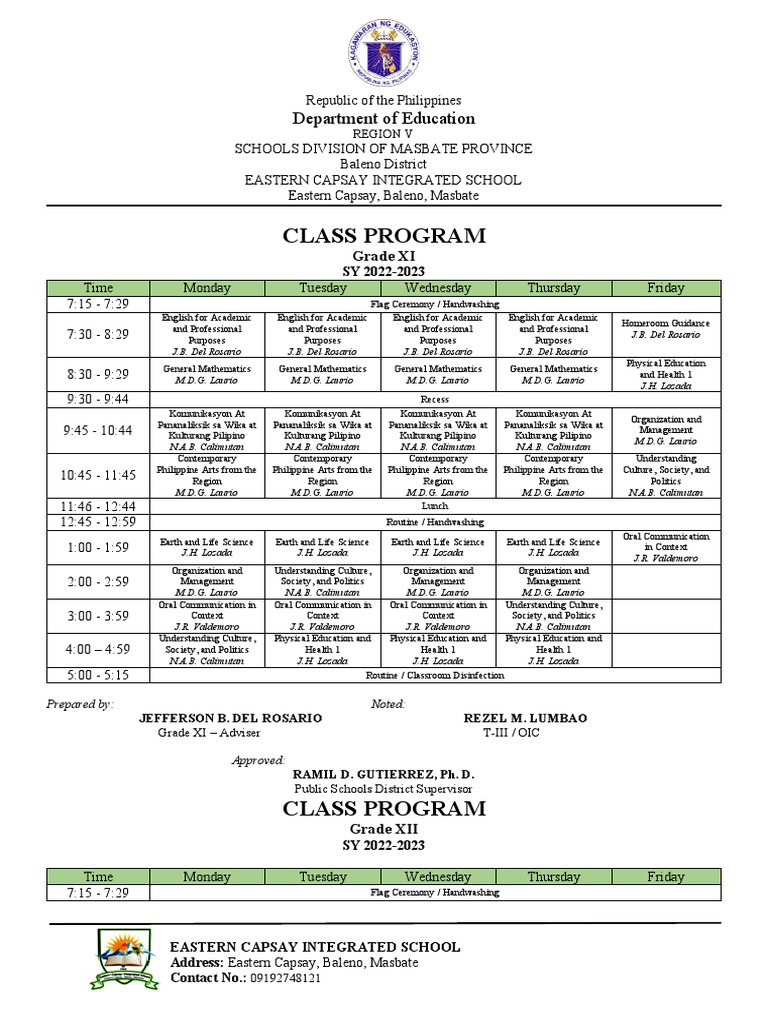SHS - Class Program - SY 2022-2023 | PDF