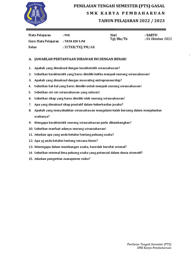 SOAL MAPEL PKK & PRAKTEK - KEAS XI TKR - TATA EDI, S.PD OK | PDF