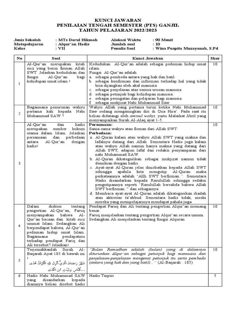 Soal PTS Ganjil Qurdis | PDF