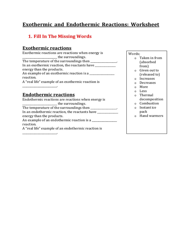 Exothermic and Endothermic Reactions - Worksheet | PDF | Chemical ...