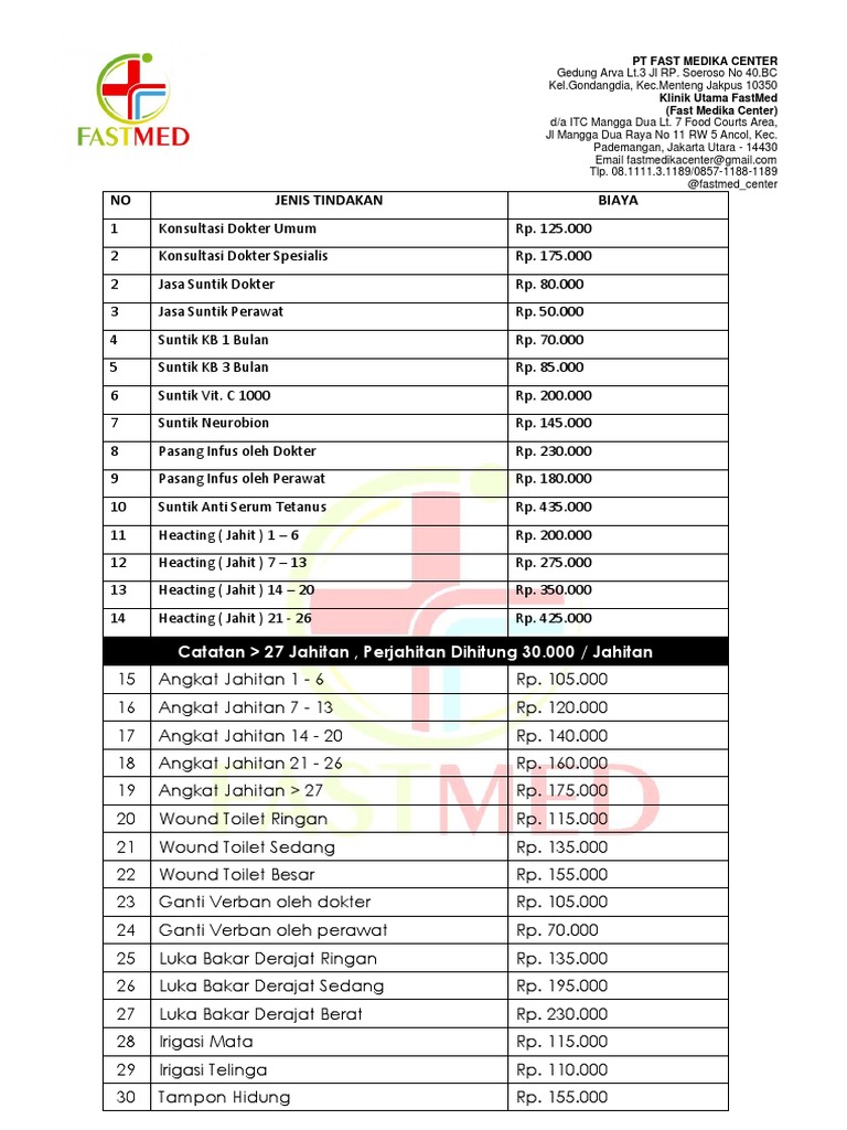 Buku Tarif FastMed (Fast Medika Center) | PDF