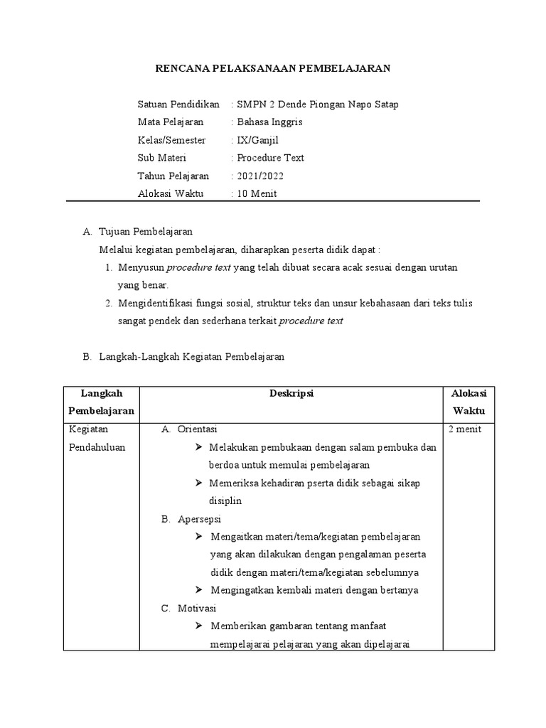 RPP Procedure Text Oleh Daniel Numbu | PDF