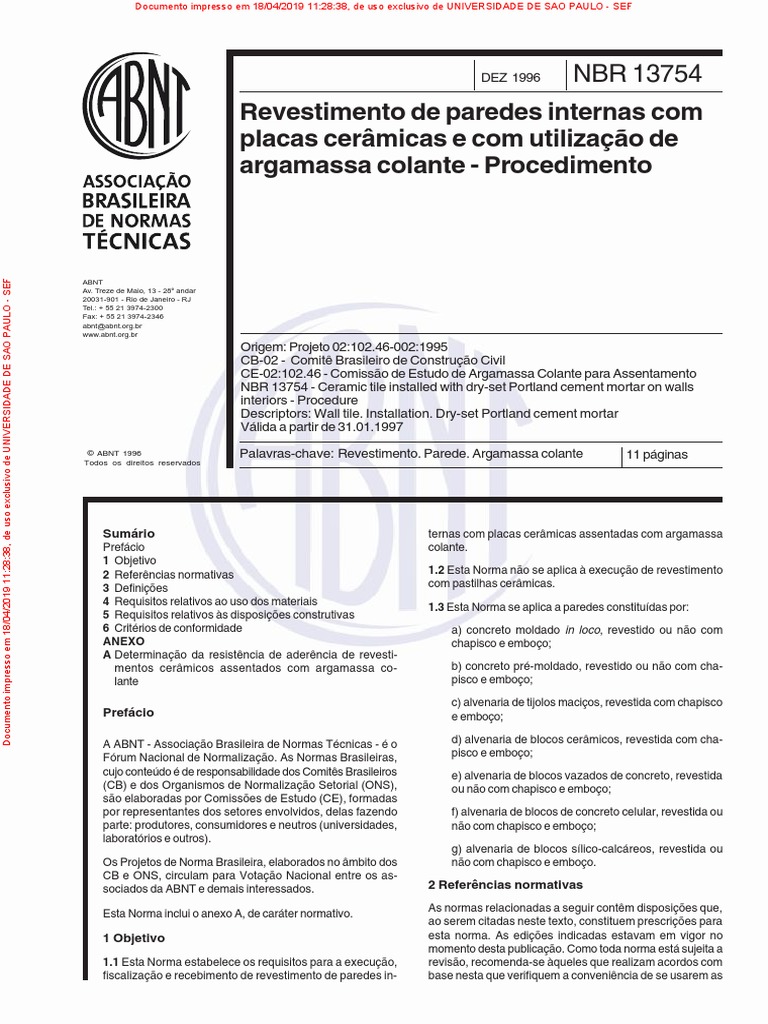 NBR 13754 - Revestimento Paredes Internas - Procedimento | PDF ...