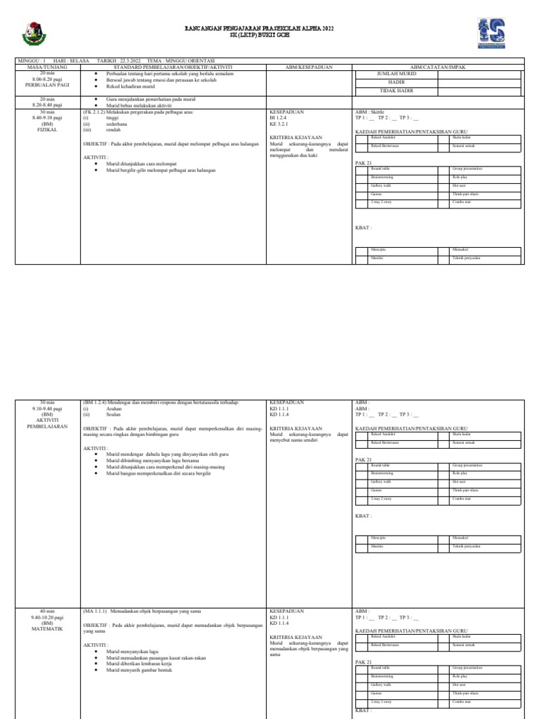 Rancangan Pengajaran Prasekolah Alpha 2022 SK (LKTP) Bukit Goh | PDF