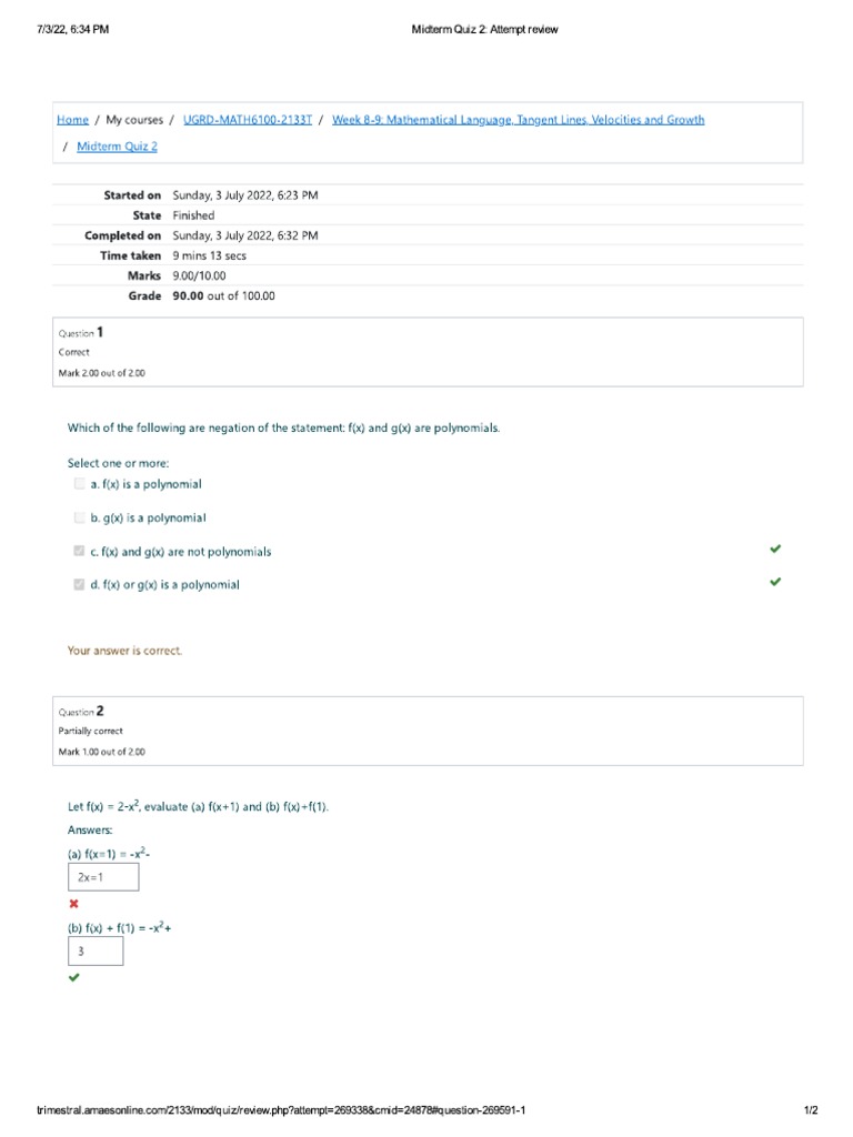 Calculus 1 Midterm Quiz 2 | PDF