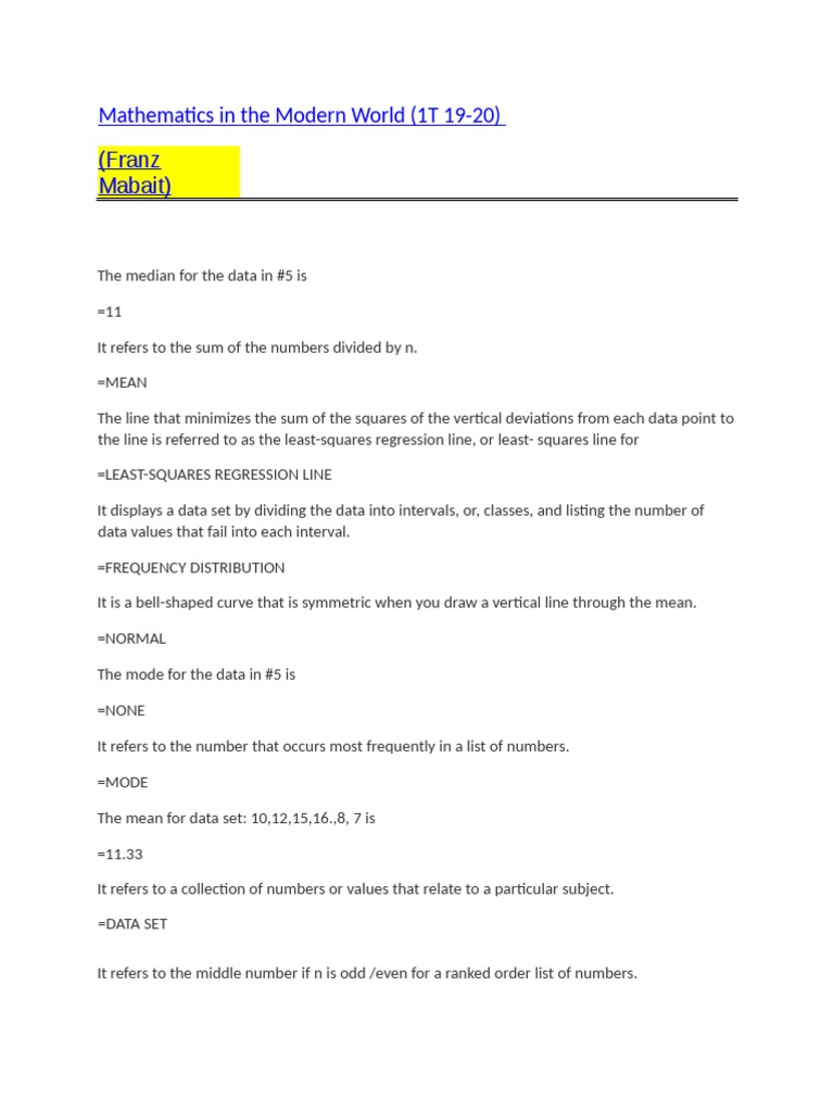 Mathematics in The Modern World FINALSmath | PDF | Set (Mathematics ...