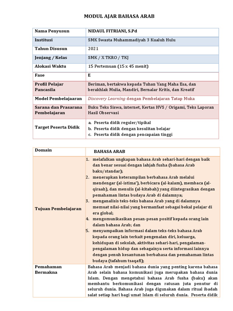 Modul Ajar Bahasa Arab | PDF