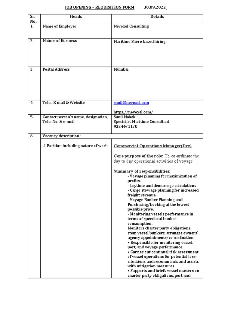 Job Requirement Form - Commercial Ops Manager 30.09.2022 | PDF ...