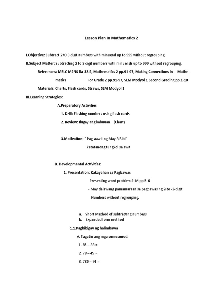 Lesson Plan in Mathematics For Demonstration | PDF | Subtraction | Learning