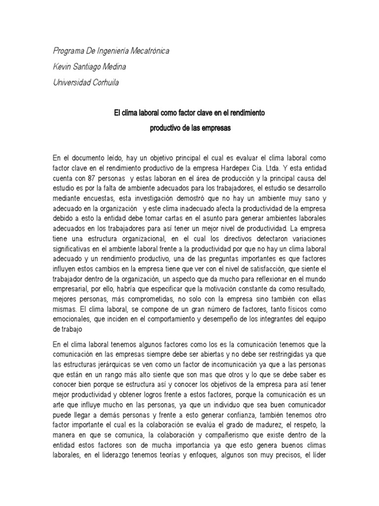 Clima Laboral y Productividad en Hardepex | PDF | Liderazgo | Business