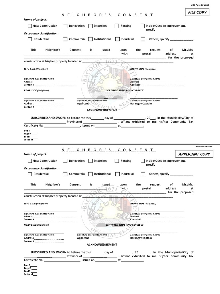 Neighbors Consent 2014 Revision OBO Form BP 15NC | PDF