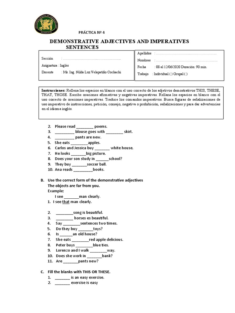 PRACTICE #4 SEMANA 4 DEMONSTRATIVE ADJECTIVES AND IMPERATIVES SENTENCES 27 Mayo | PDF ...