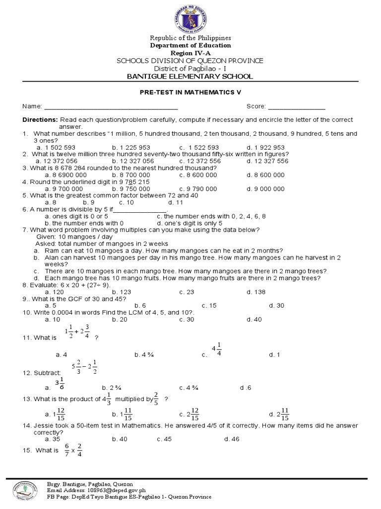 Pre-Test in Math 5 | PDF | Area | Length