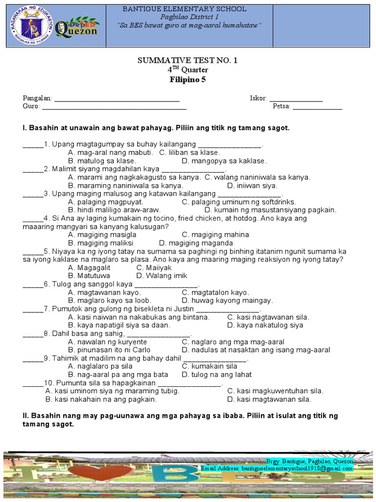 Q4 - Summative Test 1 - Filipino 5 | PDF