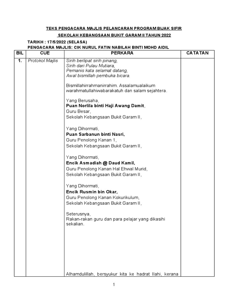 Teks Pengacara Majlis Pelancaran Program Transisi Bijak Sifir | PDF