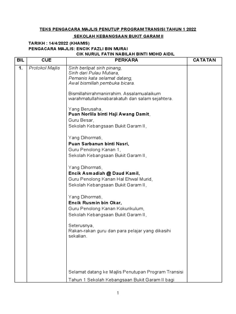 Teks Pengacara Majlis Penutup Program Transisi Tahun 1 2022 | PDF