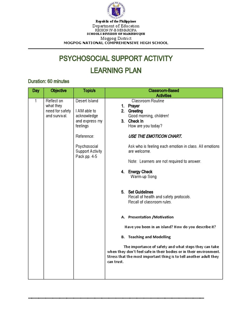 PSYCHOSOCIAL SUPPORT LEARNING PLAN Week 1 | PDF | Learning | Cognition