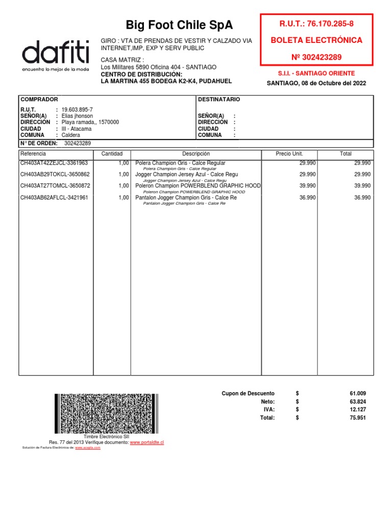 Boleta Electrónica Big Foot Chile SpA | PDF | Contabilidad | Documentos ...