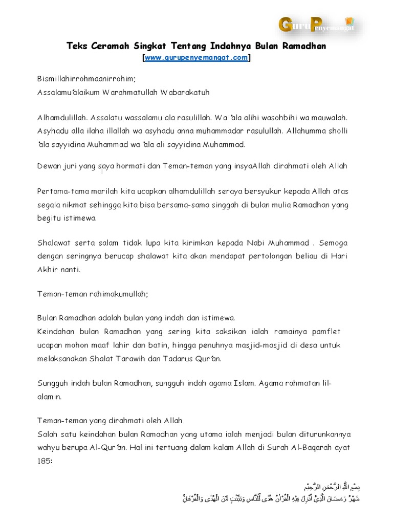 Teks Ceramah Singkat Tentang Indahnya Bulan Ramadhan | PDF
