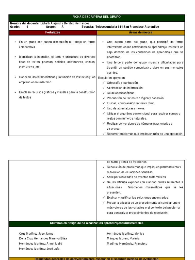 Ficha Descriptiva Grupal Primer Grado 2021 | PDF | Cognición | Ciencia ...