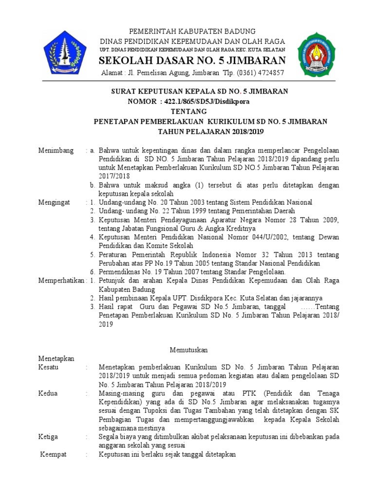 SK Pemberlakuan Kurikulum | PDF