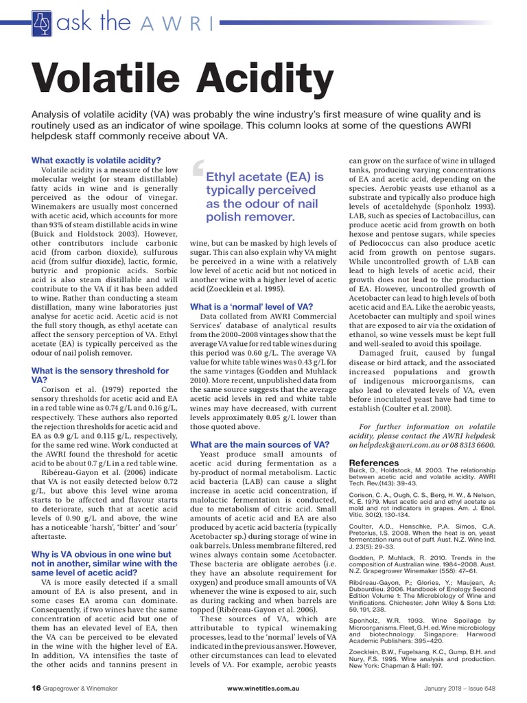 Volatile Acidity: Ethyl Acetate (EA) Is Typically Perceived As The ...