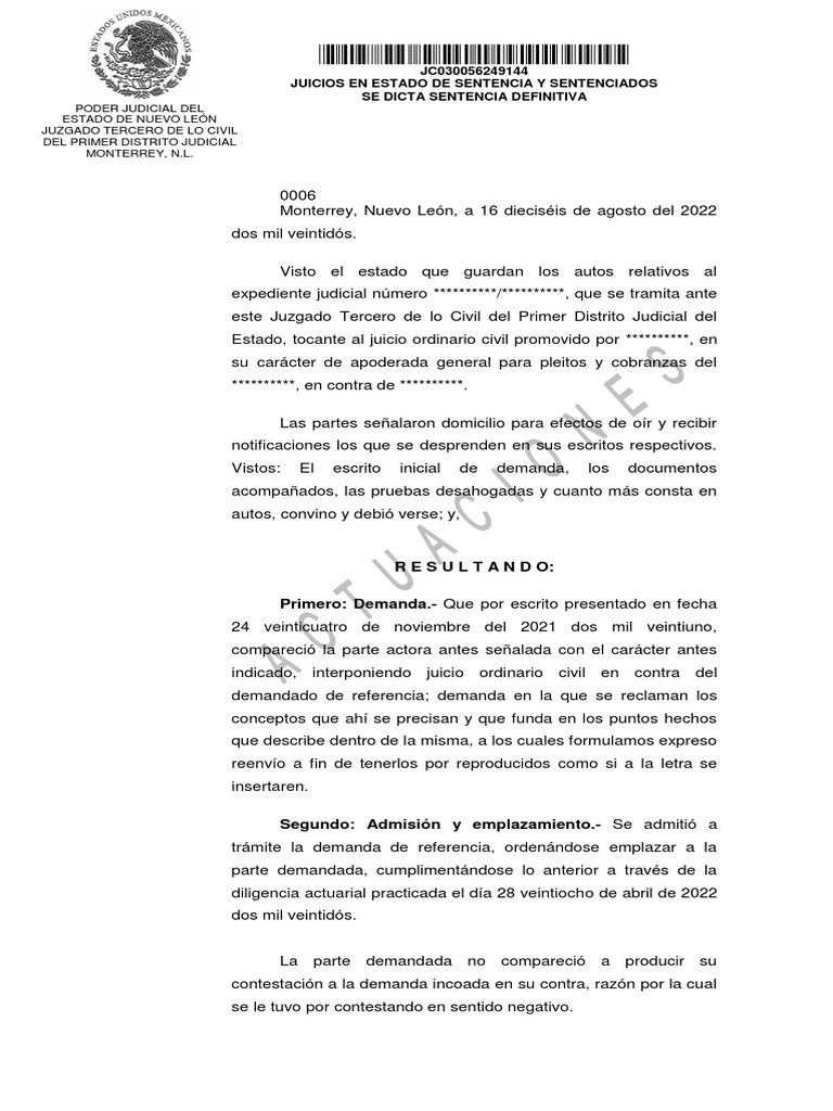 Demanda Civil Sinaloa | PDF | Sentencia (ley) | Pagos