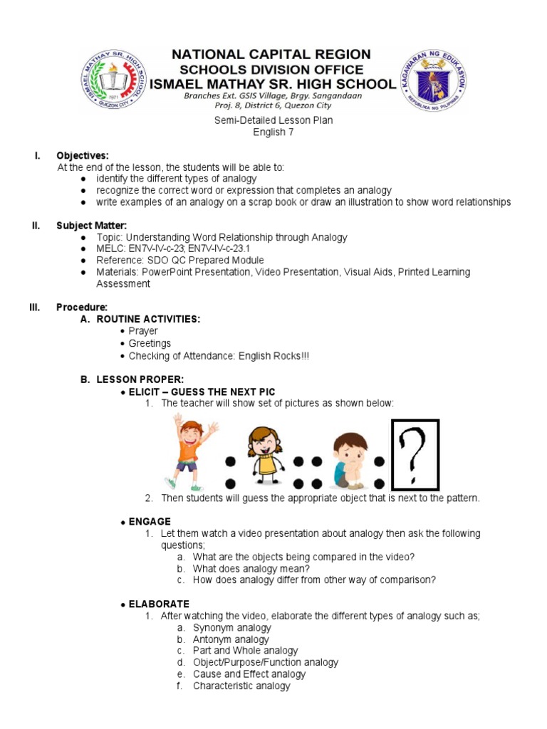 SDLP 7 Q1 W1 Analogy | PDF | Analogy | Lesson Plan