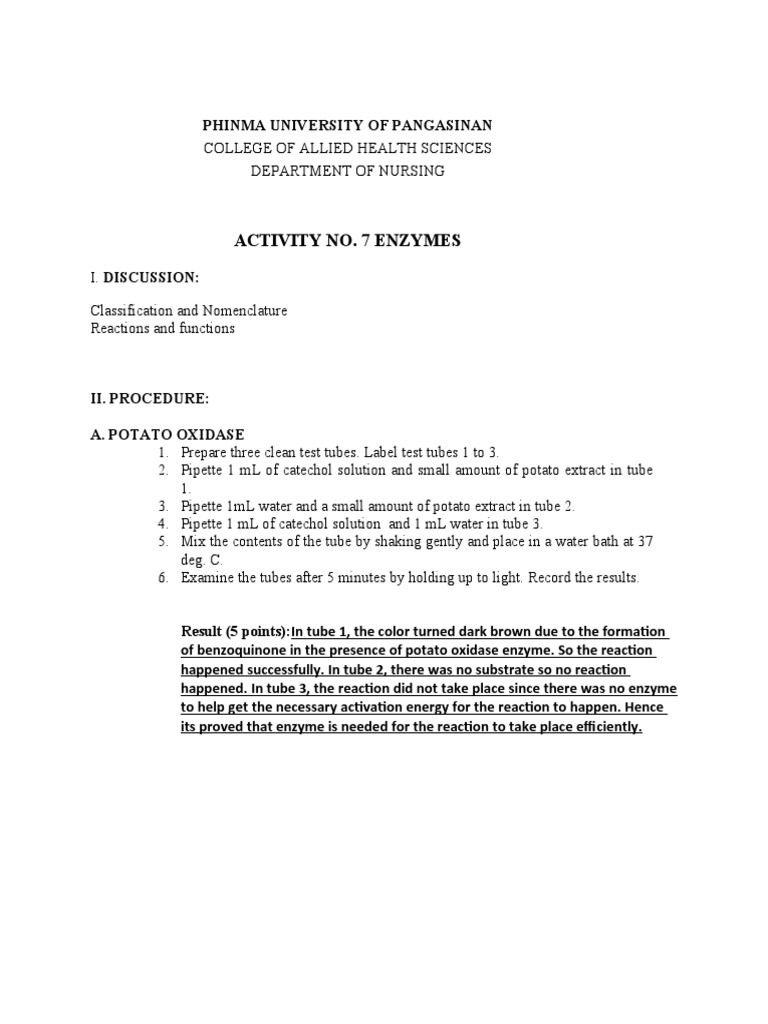 (BIO 024) LAB ACTIVITY 7 - ENZYMES | PDF | Catalase | Hydrogen Peroxide