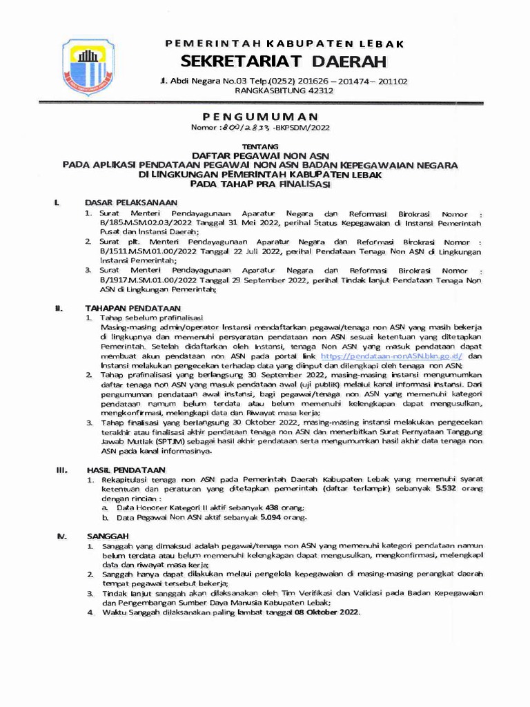 Pengumuman Pra Finalisasi Pendataan Non Asn Lebak Tahun 2022 PRT | PDF