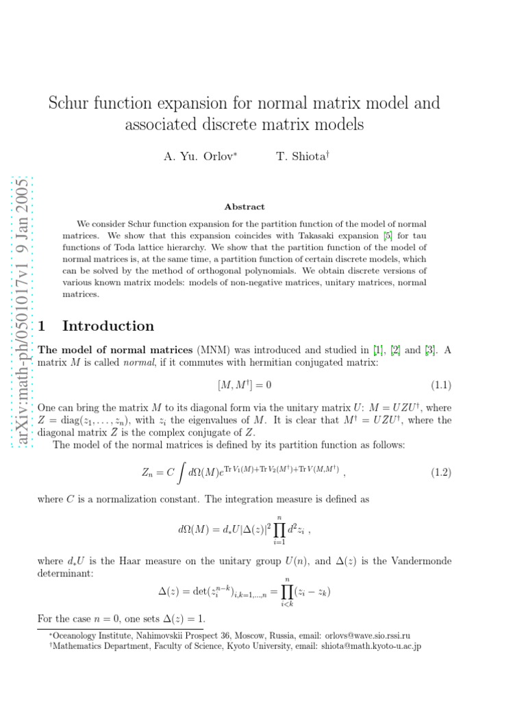 Schur Function Expansion For Normal Matrix Model and Associated ...