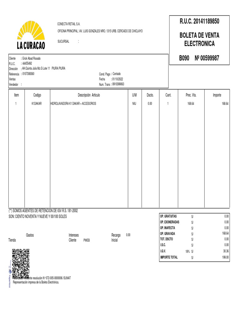 R.U.C. 20141189850 Boleta de Venta Electronica: Oficina Principal | PDF