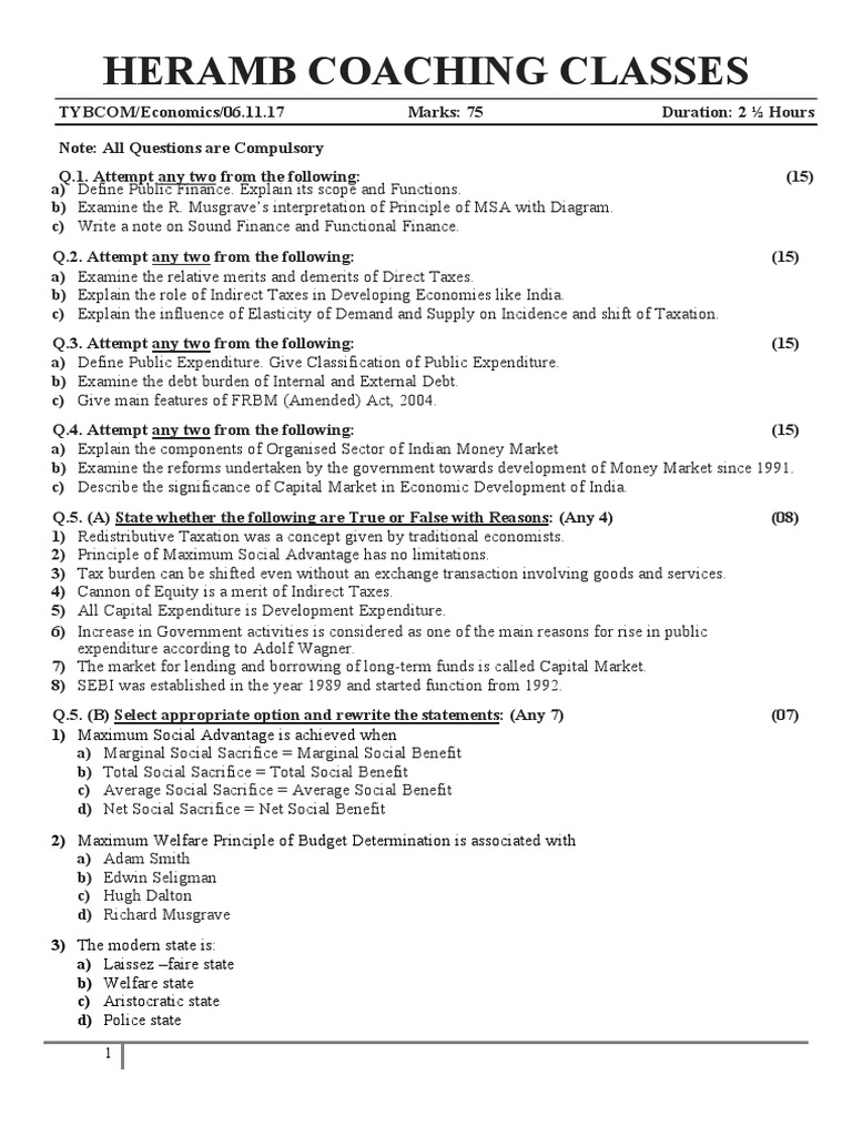 Tybcom Economics Sem V (Prelims-Heramb) | PDF | Taxes | Public Finance