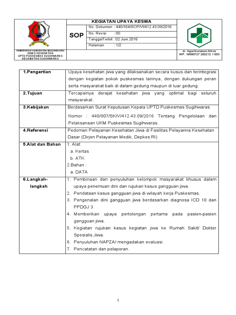 Sop Kegiatan Upaya Keswa | PDF | Pengembangan Diri | Kesehatan Holistik