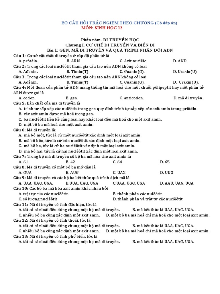 Trac Nghiem Ly Thuyet Sinh 12 | PDF