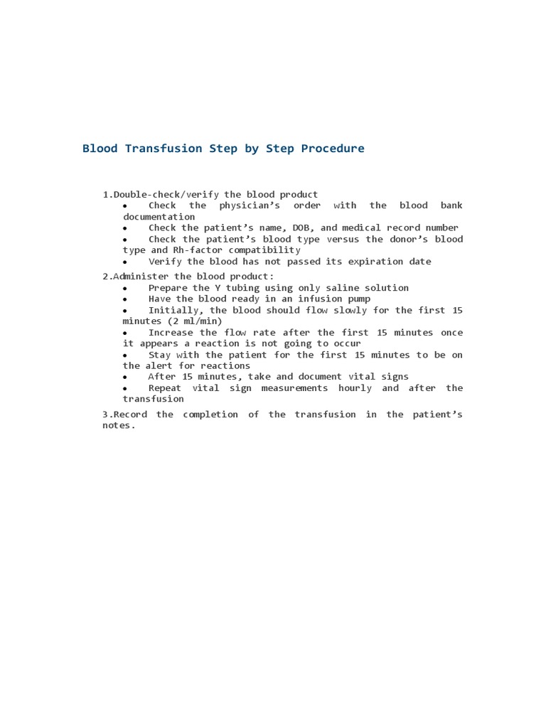 Blood Transfusion Step by Step Procedure | PDF