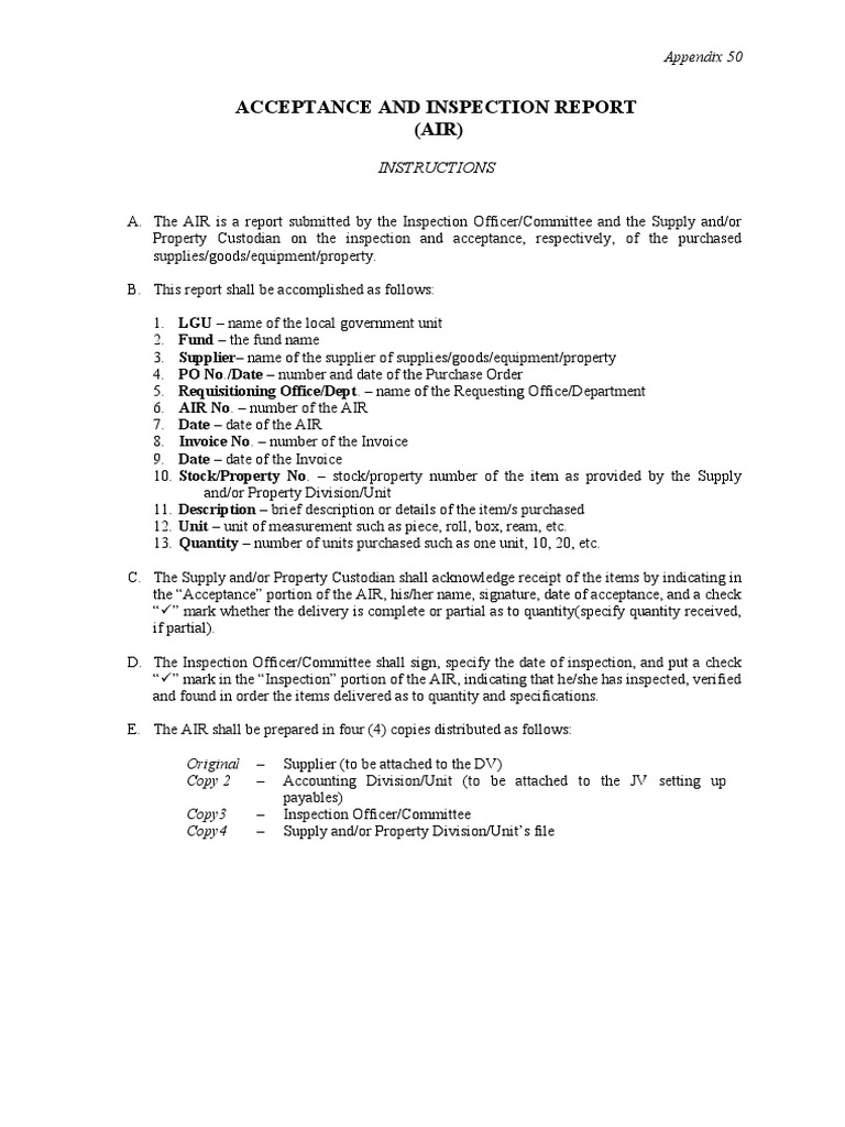 Instructions for Completing the Acceptance and Inspection Report Form | PDF