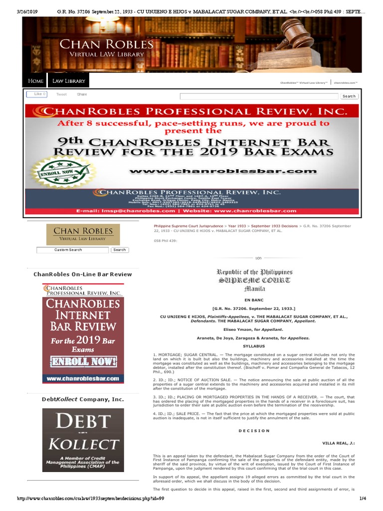 Co Unjieng v. Mabalacat Sugar | PDF | Mortgage Law | Foreclosure