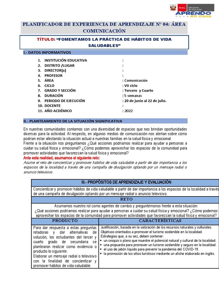 Planificador Exp 4 Ciclo Vii | PDF | Aprendizaje | Evaluación