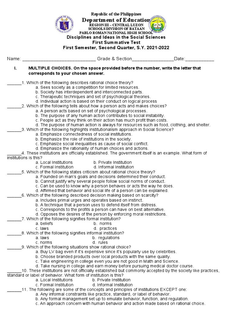 1st Summative Test in Diss | PDF | Rationality | Institution