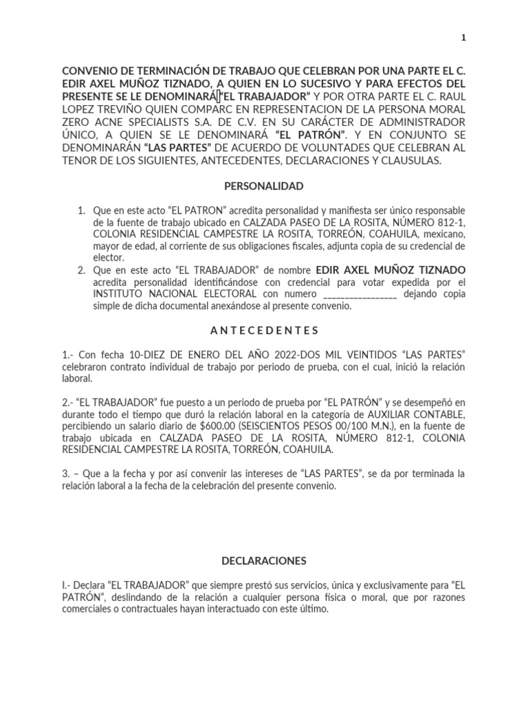 Convenio de Terminación | PDF
