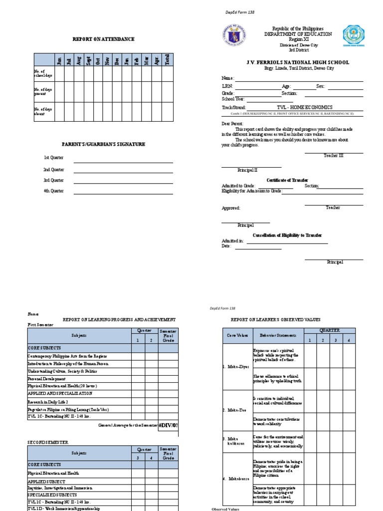 Reporting Student Progress: A Sample Report Card for a Technical ...