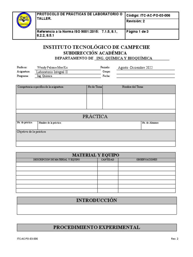 Formato Del Protocolo de Prácticas de Laboratorio ITC-AC-PO-03-006 | PDF | Laboratorios
