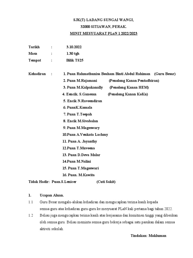 Minit Mesyuarat Plan 1 | PDF