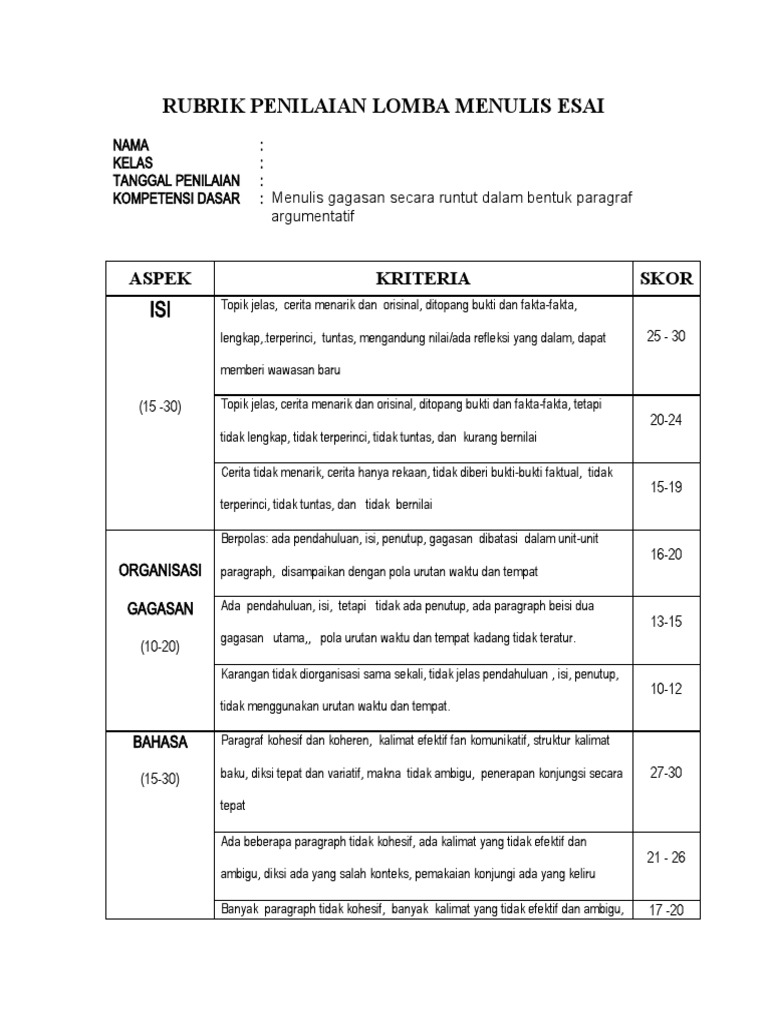 CONtoh - RUBRIK - PENILAIAN - LOMBA ESAI | PDF
