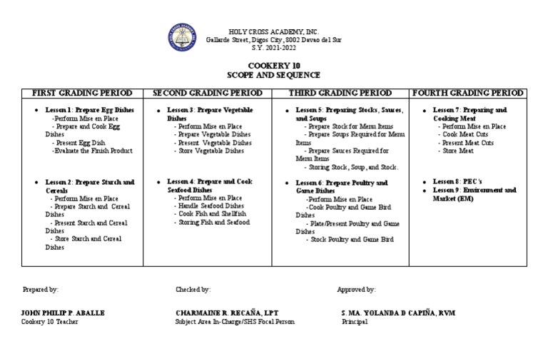Scope and Sequence - Cookery - 10 | PDF | Cooking | Soup