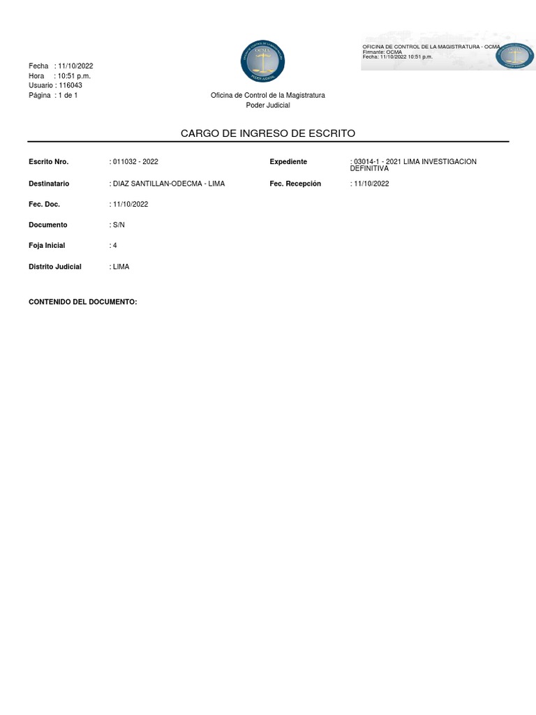 CARGO DE INGRESO ESCRITO 011032 - 2022 11 OCT 2022, 10:51 Hrs. 5p | PDF | Ley procesal | Juez