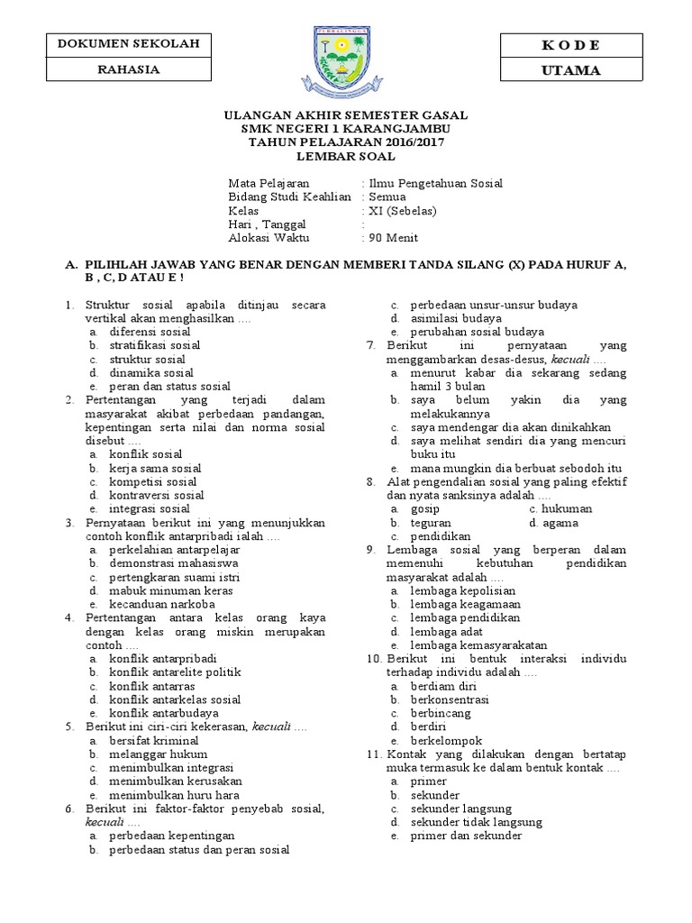 Soal Uas Ips SMK Karangjambu Kelas Xi 2016-2017 | PDF