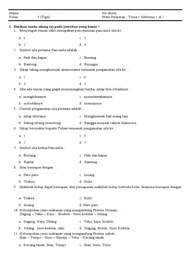 Soal PTS Kelas 3 Tema 1 Sub 1&2 - (WWW - Kherysuryawan.id) | PDF