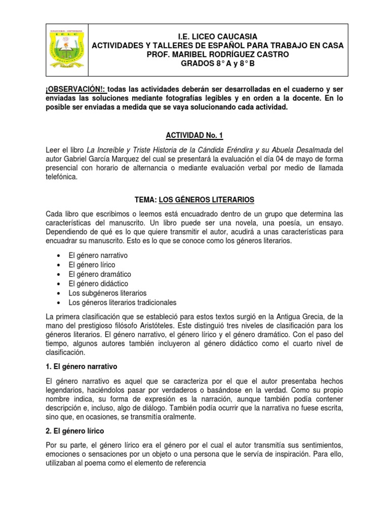 Actividades Grado 8 A y 8 B | PDF | Novelas | Cuentos